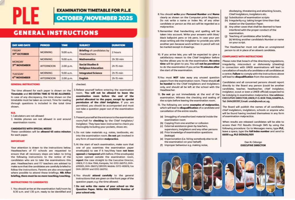 UNEB releases 2025 PLE timetable